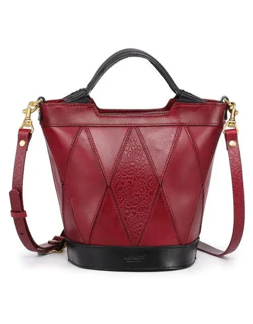 OLD TREND Primrose Genuine Leather Embossed Mini Bucket Tote - Burgundy