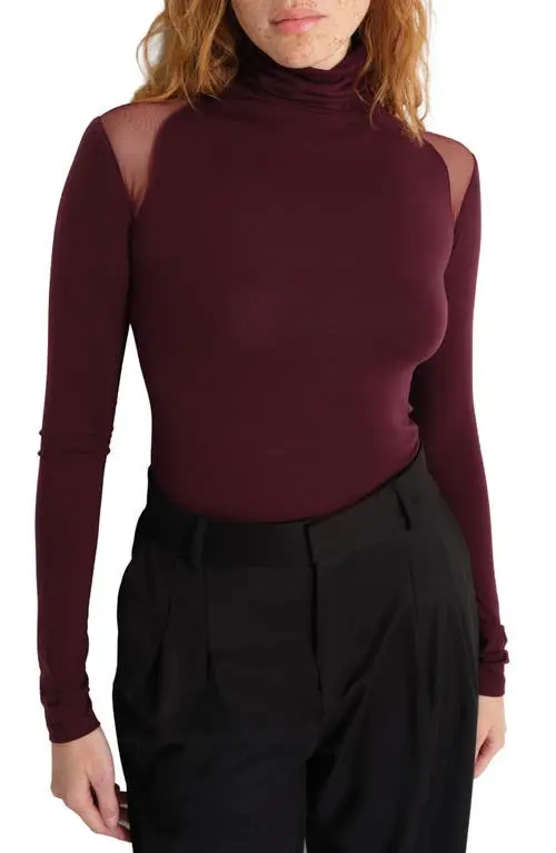 MARCELLA Maria Sheer Shoulder Turtleneck Top - Burgundy