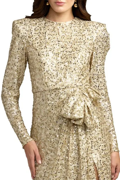 Mac Duggal Long Sleeve Sequin Gown With Bow