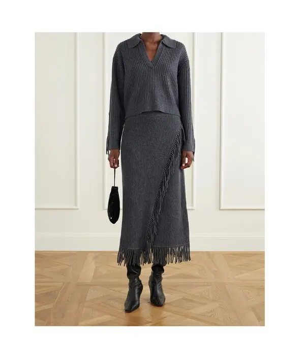 Simkhai Casey Fringe-trim Ribbed Midi Skirt - Grey