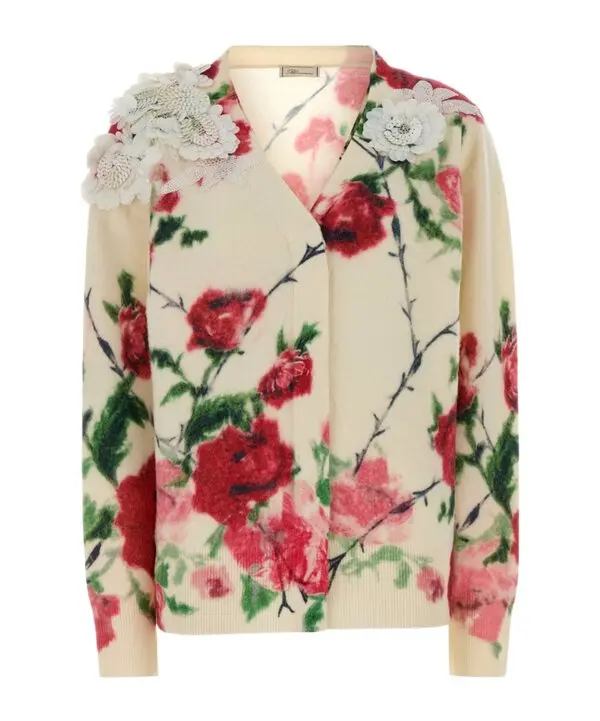 Blumarine Printed Wool Blend Cardigan - Nude