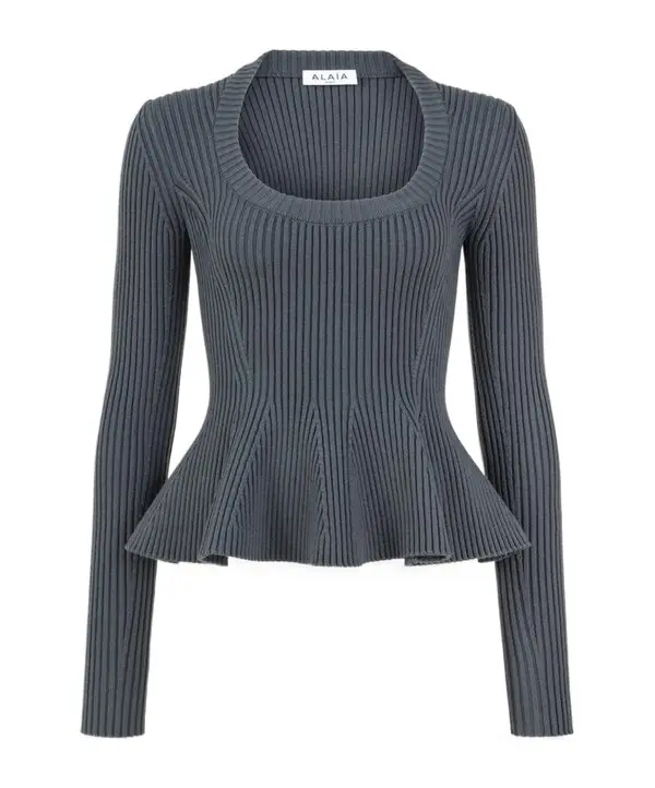 Alaïa Ribbed Peplum Top - Blue-gray