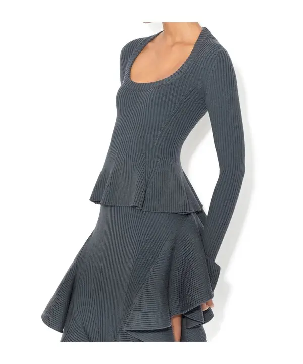 Alaïa Ribbed Peplum Top - Blue-gray