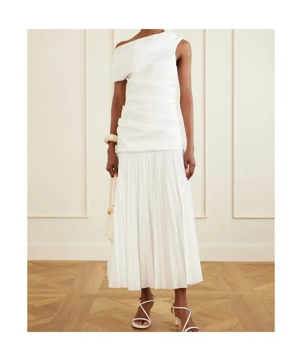 Simkhai Ammalie One-shoulder Draped Pleated Poplin Midi Dress