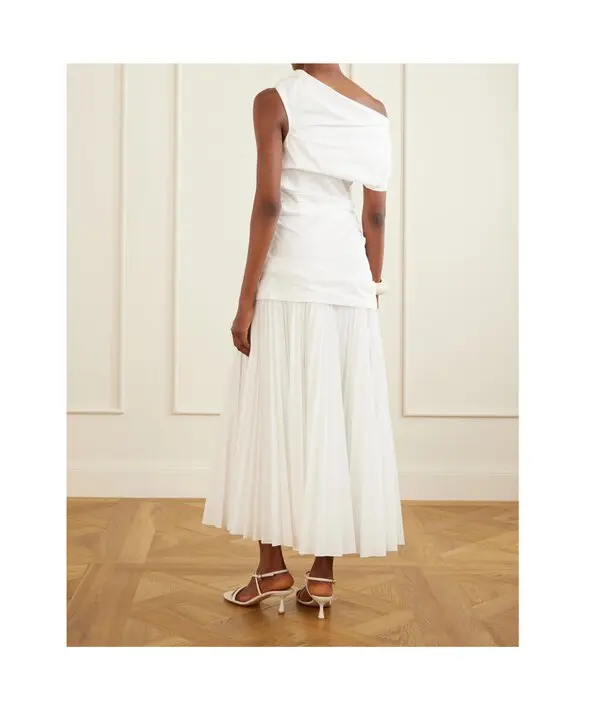 Simkhai Ammalie One-shoulder Draped Pleated Poplin Midi Dress