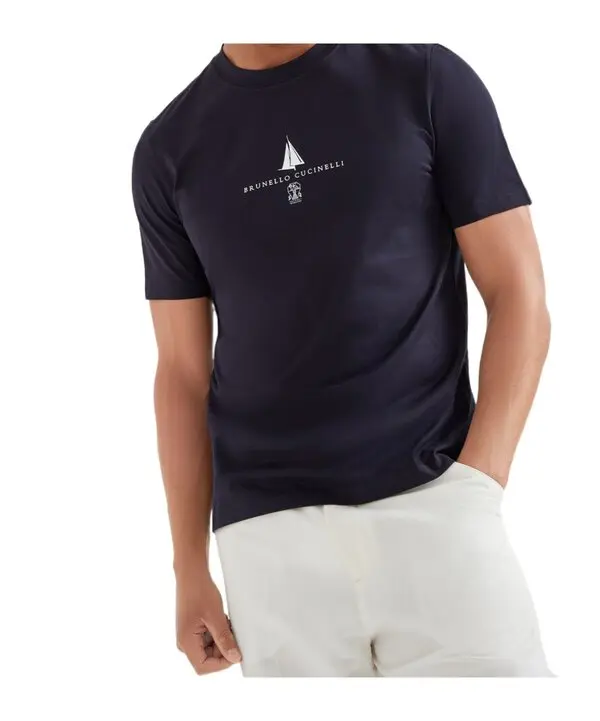 Brunello Cucinelli Logo Printed Crewneck T-shirt - Navy Blue