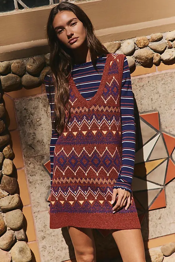 Free People Rowan Barrel Sweater Mini Dress - Cinnamon Combo