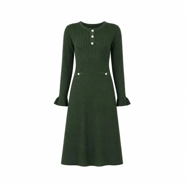 YUMI Viscose Knitted Midi Dress With Buttons - Green