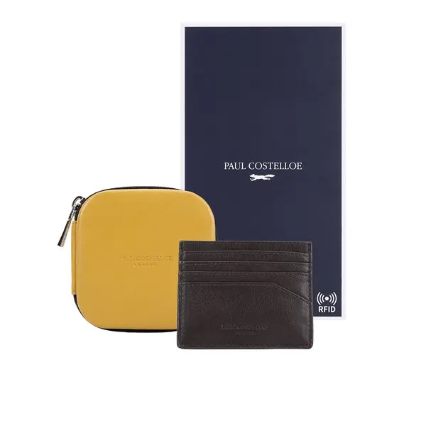 Paul Costelloe Hugh Set Leather Card Holder & Earphone Case - Brown