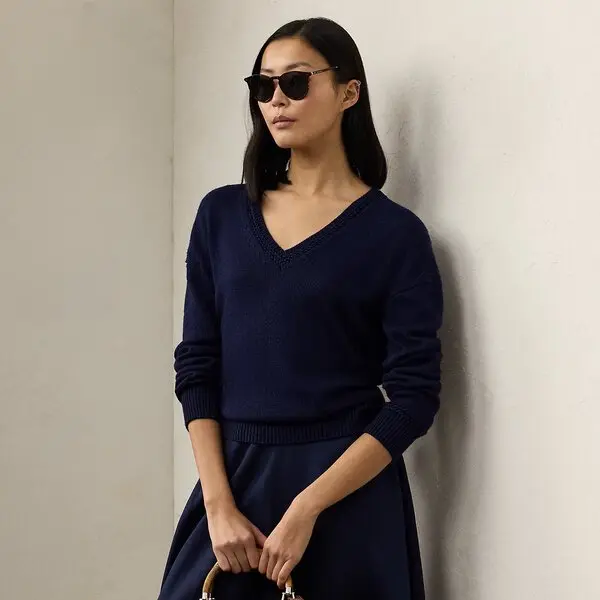 Ralph Lauren Silk Jersey V-neck Sweater - Lux Navy