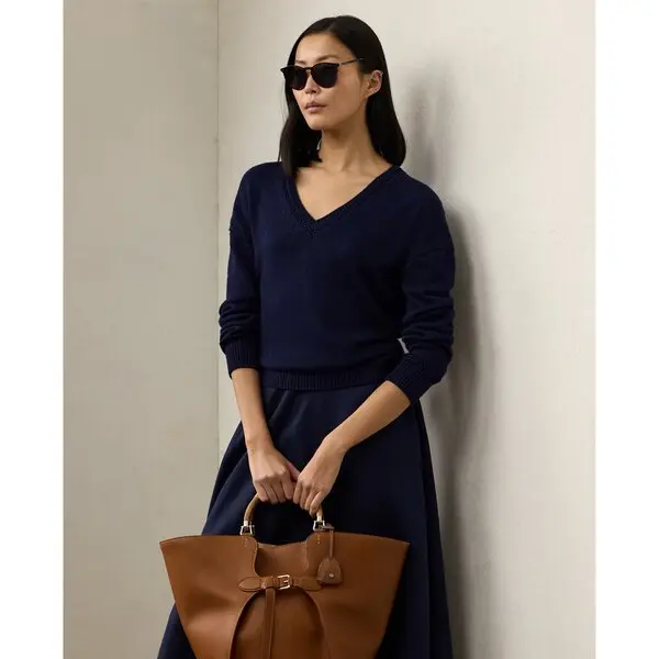 Ralph Lauren Silk Jersey V-neck Sweater - Lux Navy
