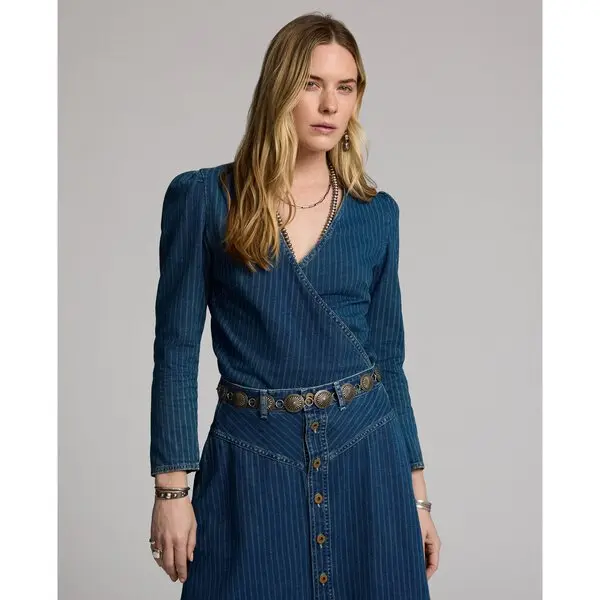 Ralph Lauren Indigo Striped Denim Wrap Top