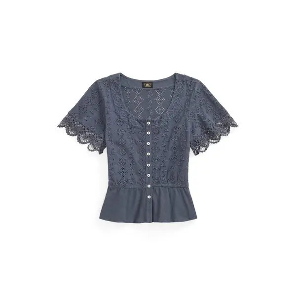 Ralph Lauren Embroidered Cotton-linen Jersey Top