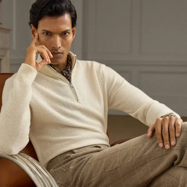 Ralph Lauren Birdseye Cashmere Quarter-zip Sweater - Cream Multi