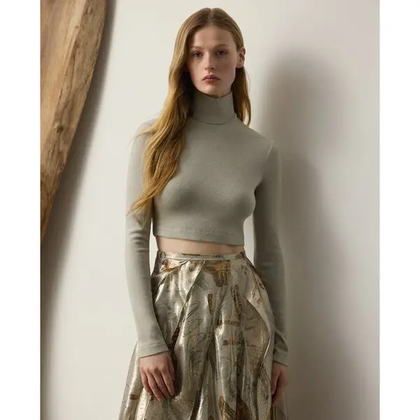 Ralph Lauren Metallic Jersey Mockneck Cropped Top