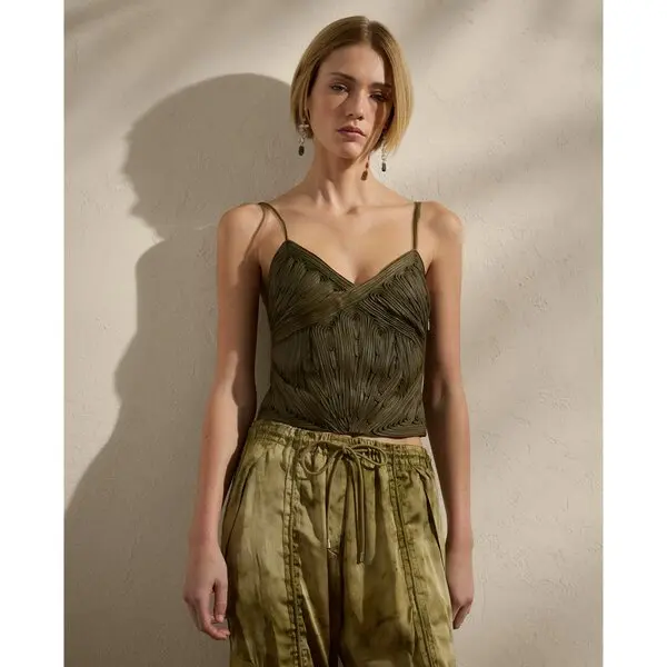 Ralph Lauren Naylor Lambskin & Tulle Sleeveless Top