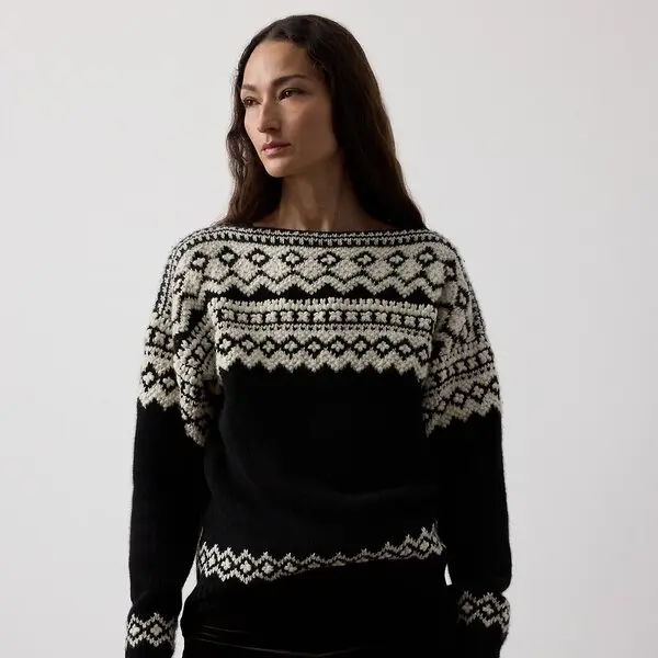 Ralph Lauren Cashmere Jacquard Boatneck Sweater - Black/cream
