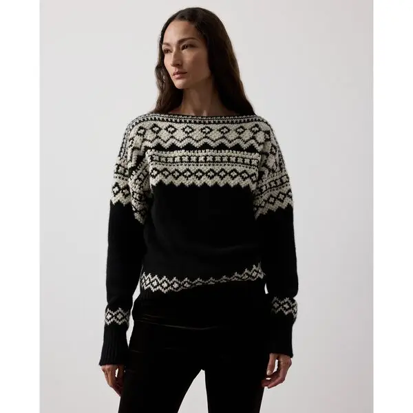 Ralph Lauren Cashmere Jacquard Boatneck Sweater - Black/cream