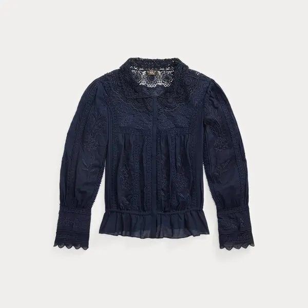 Ralph Lauren Embroidered Cotton Voile & Lace Blouse