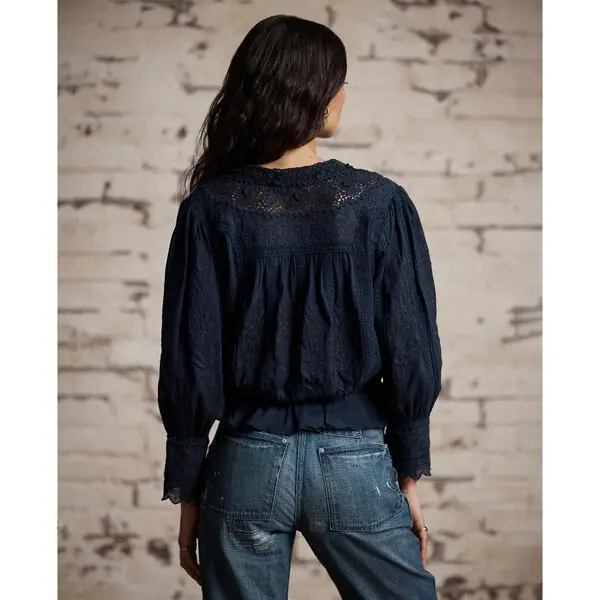 Ralph Lauren Embroidered Cotton Voile & Lace Blouse