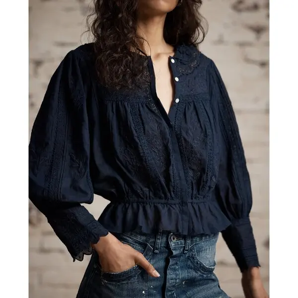 Ralph Lauren Embroidered Cotton Voile & Lace Blouse