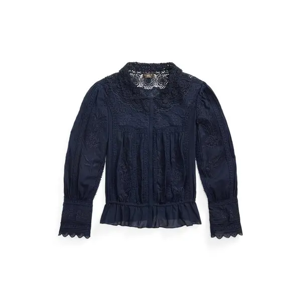 Ralph Lauren Embroidered Cotton Voile & Lace Blouse