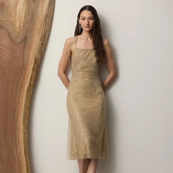 Ralph Lauren Donnely Embellished Tulle Cocktail Dress - Tan