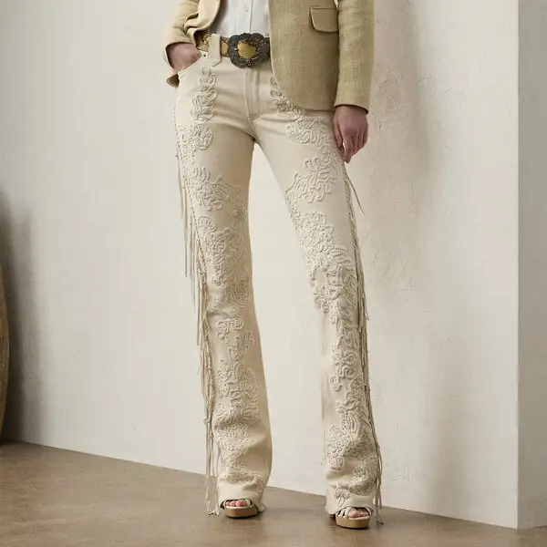 Ralph Lauren Annabeth Embellished Fringe Suede Pant - Cream