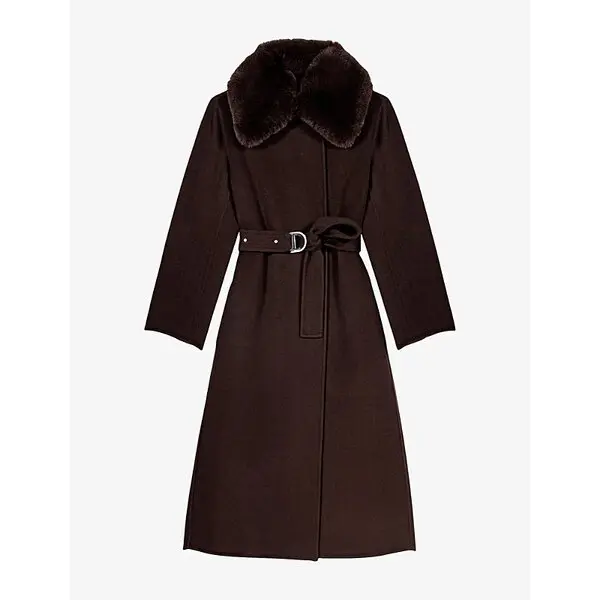 Maje Faux Fur-collar Belted Wool-blend Coat