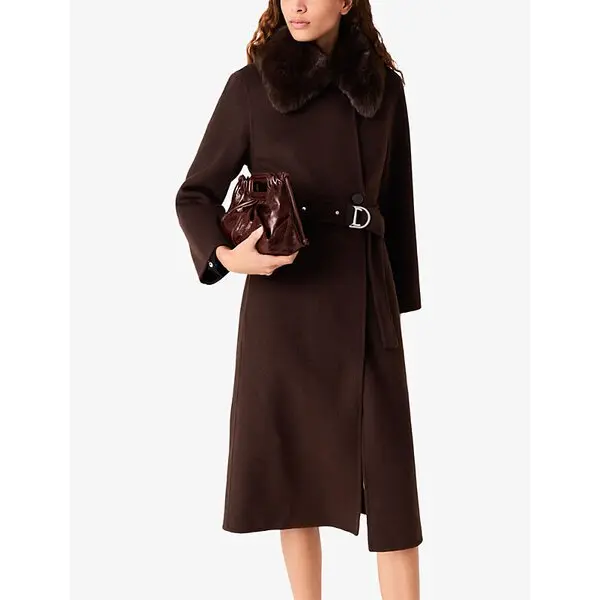 Maje Faux Fur-collar Belted Wool-blend Coat