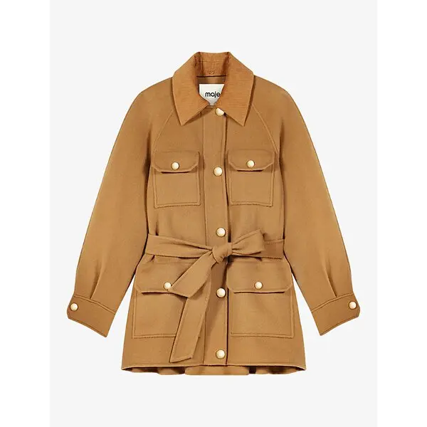 Maje Corduroy-collar Flap-pocket Wool-blend Coat - Camel