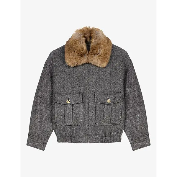 Maje Faux Fur-collar Herringbone Wool-blend Jacket