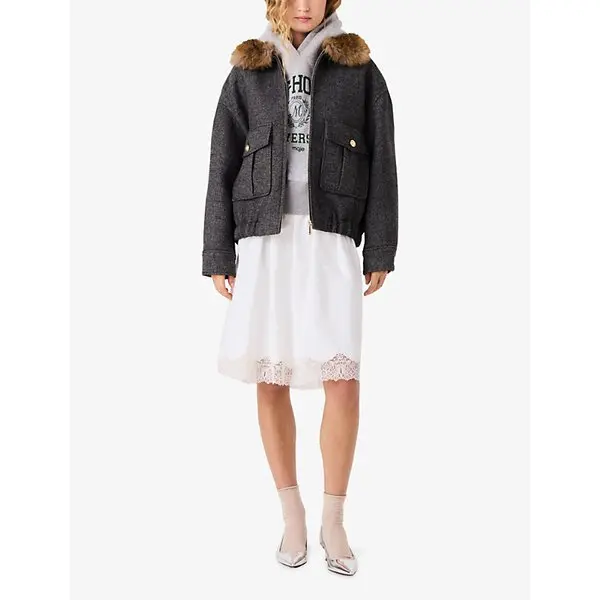 Maje Faux Fur-collar Herringbone Wool-blend Jacket