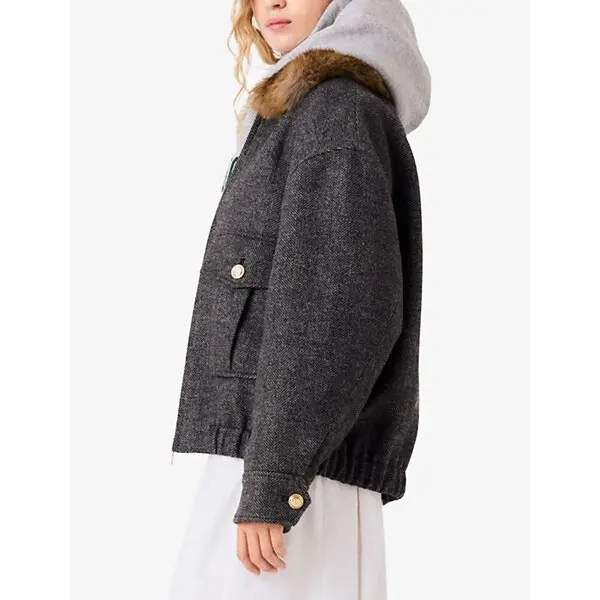 Maje Faux Fur-collar Herringbone Wool-blend Jacket