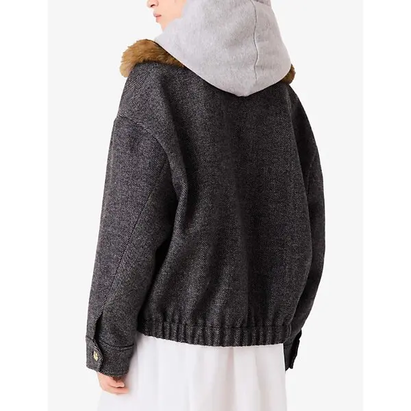 Maje Faux Fur-collar Herringbone Wool-blend Jacket