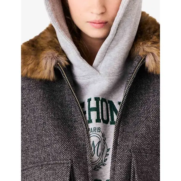 Maje Faux Fur-collar Herringbone Wool-blend Jacket