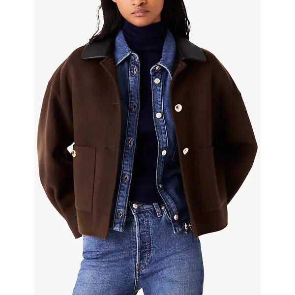 Maje Contrast-collar Boxy-fit Wool-blend Jacket