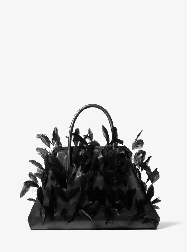 Michael Kors Sofia Large Hand-embroidered Feather Leather Frame Satchel In By - Black