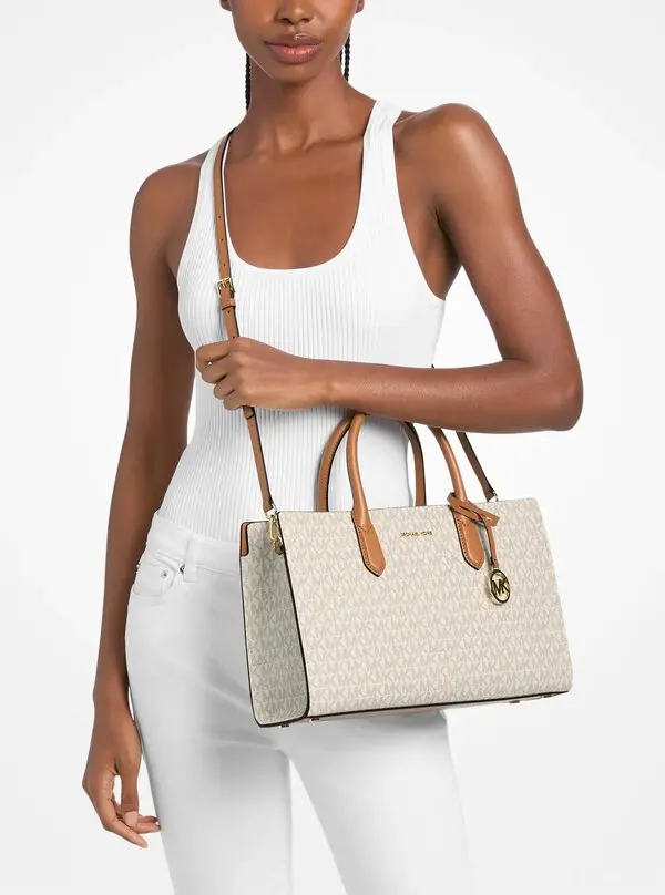 Michael Kors Scarlett Medium Signature Logo Satchel In By - Natural