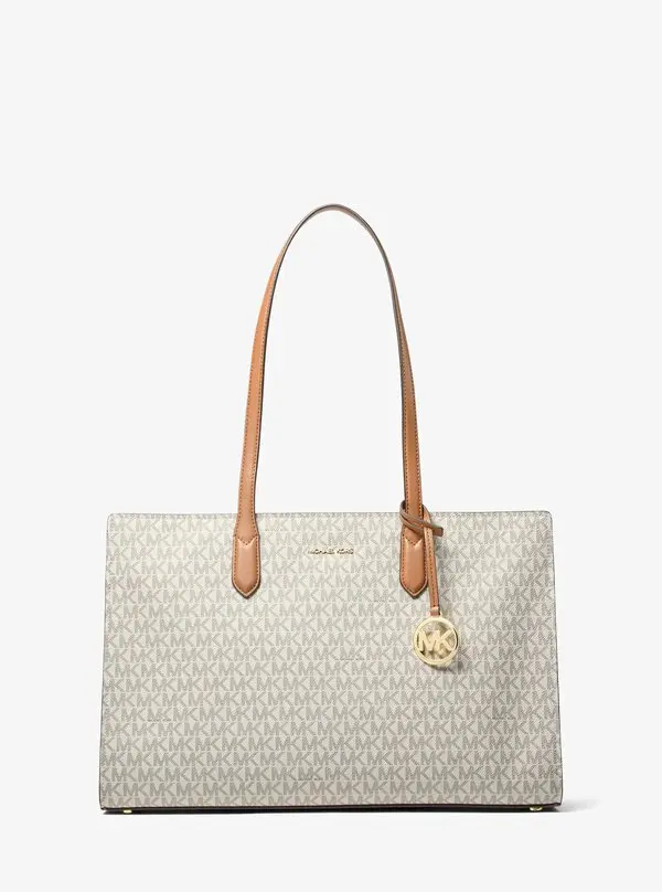 Michael Kors Scarlett Medium Signature Logo Tote Bag In By - Natural