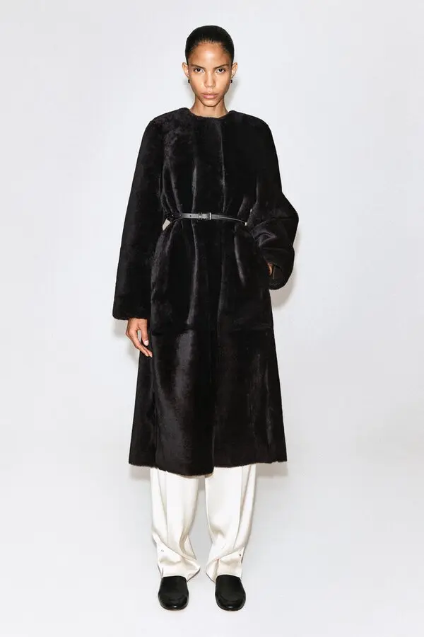 Cos Collarless Shearling Coat