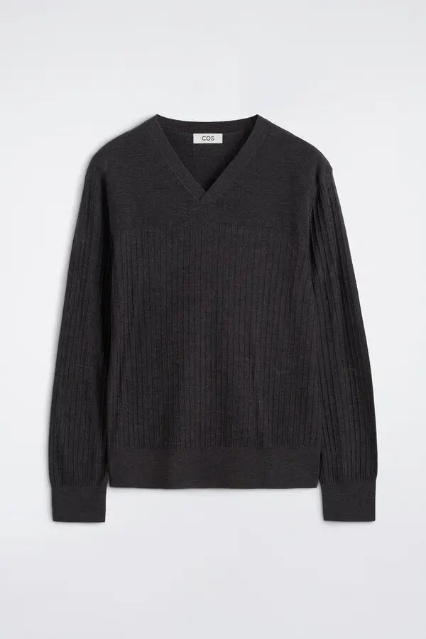 Cos Ribbed Fine Merino Wool V-neck Sweater
