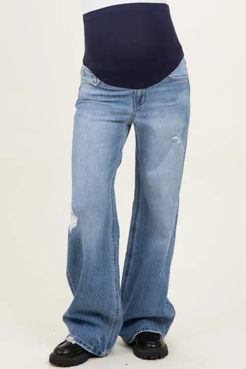 PINKBLUSH High Rise Distressed Wide Leg Maternity Jeans