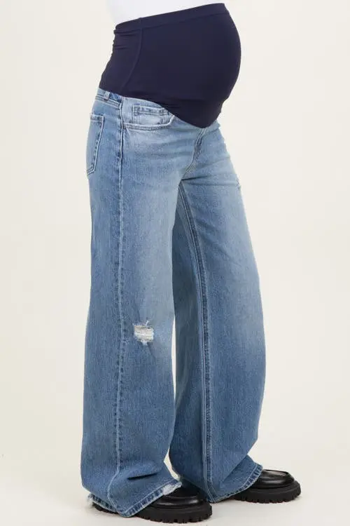 PINKBLUSH High Rise Distressed Wide Leg Maternity Jeans