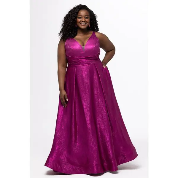 SYDNEY'S CLOSET Metallic A-line Prom Dress With Pockets - Magenta