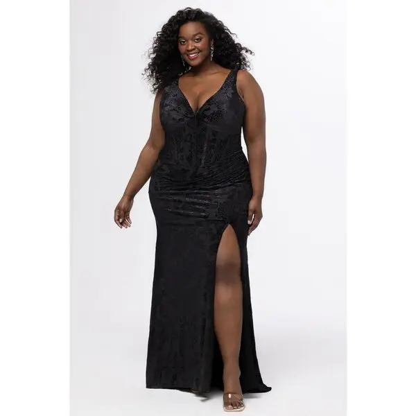SYDNEY'S CLOSET Plus-size Fitted Velvet Burnout Formal Gown With Slit