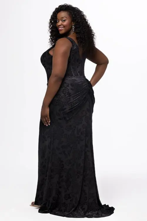 SYDNEY'S CLOSET Plus-size Fitted Velvet Burnout Formal Gown With Slit