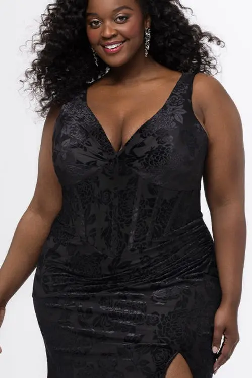 SYDNEY'S CLOSET Plus-size Fitted Velvet Burnout Formal Gown With Slit
