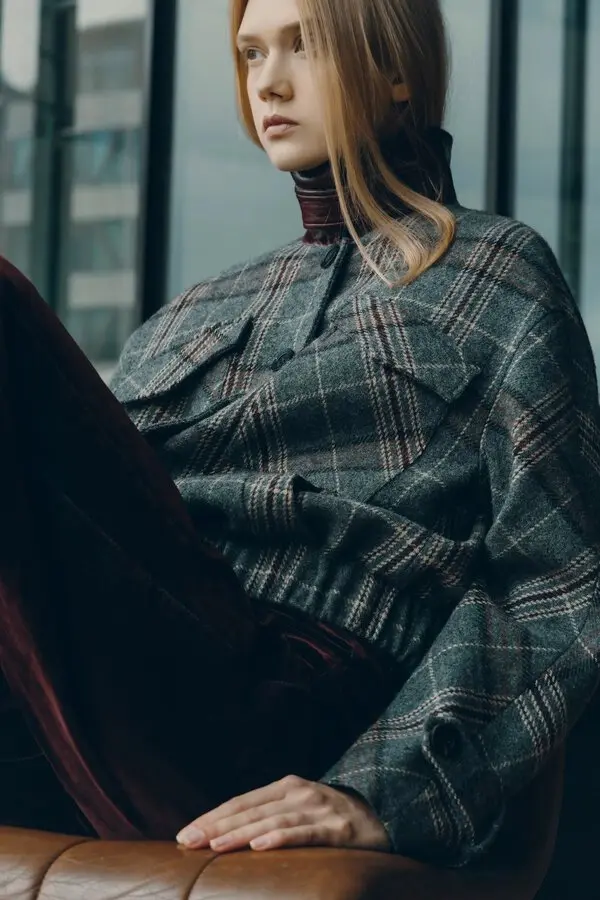 Fabrique Montnkar Plaid Leather Panel Bomber Jacket In 100% Wool - Grey