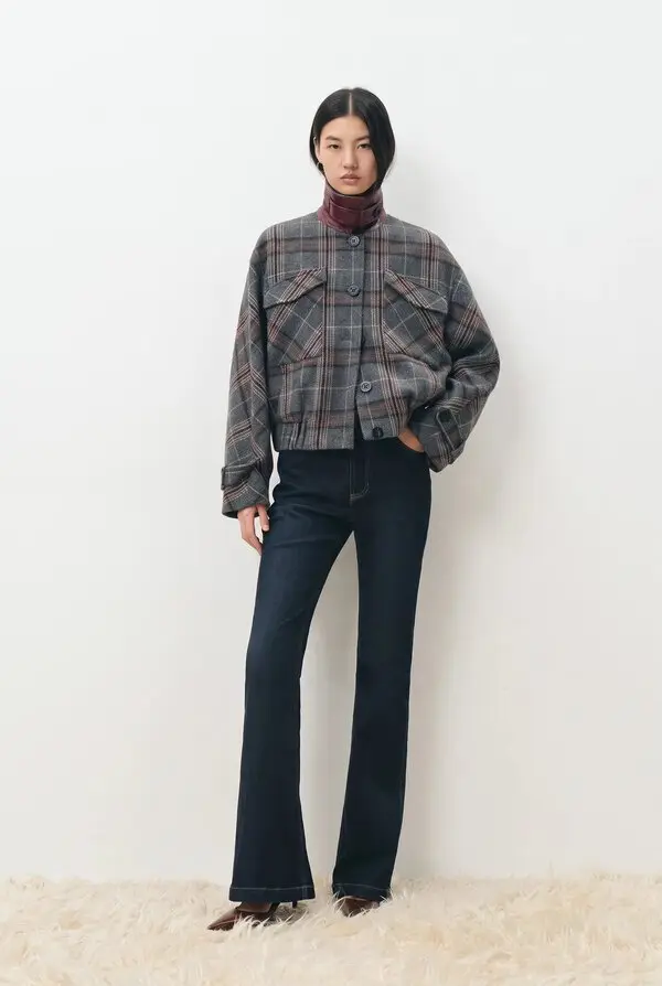 Fabrique Montnkar Plaid Leather Panel Bomber Jacket In 100% Wool - Grey